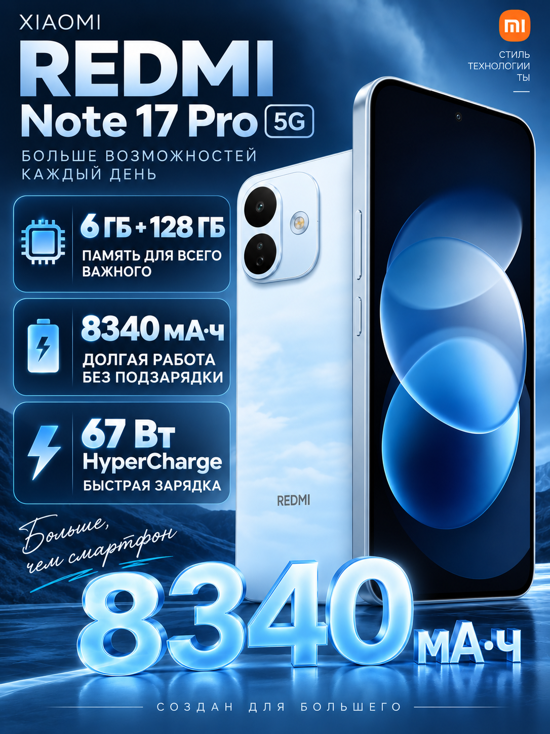 Смартфон Xiaomi REDMI Note 17 Pro 5G 6/128Gb, Nano SIM + Nano SIM / eSIM, голубой