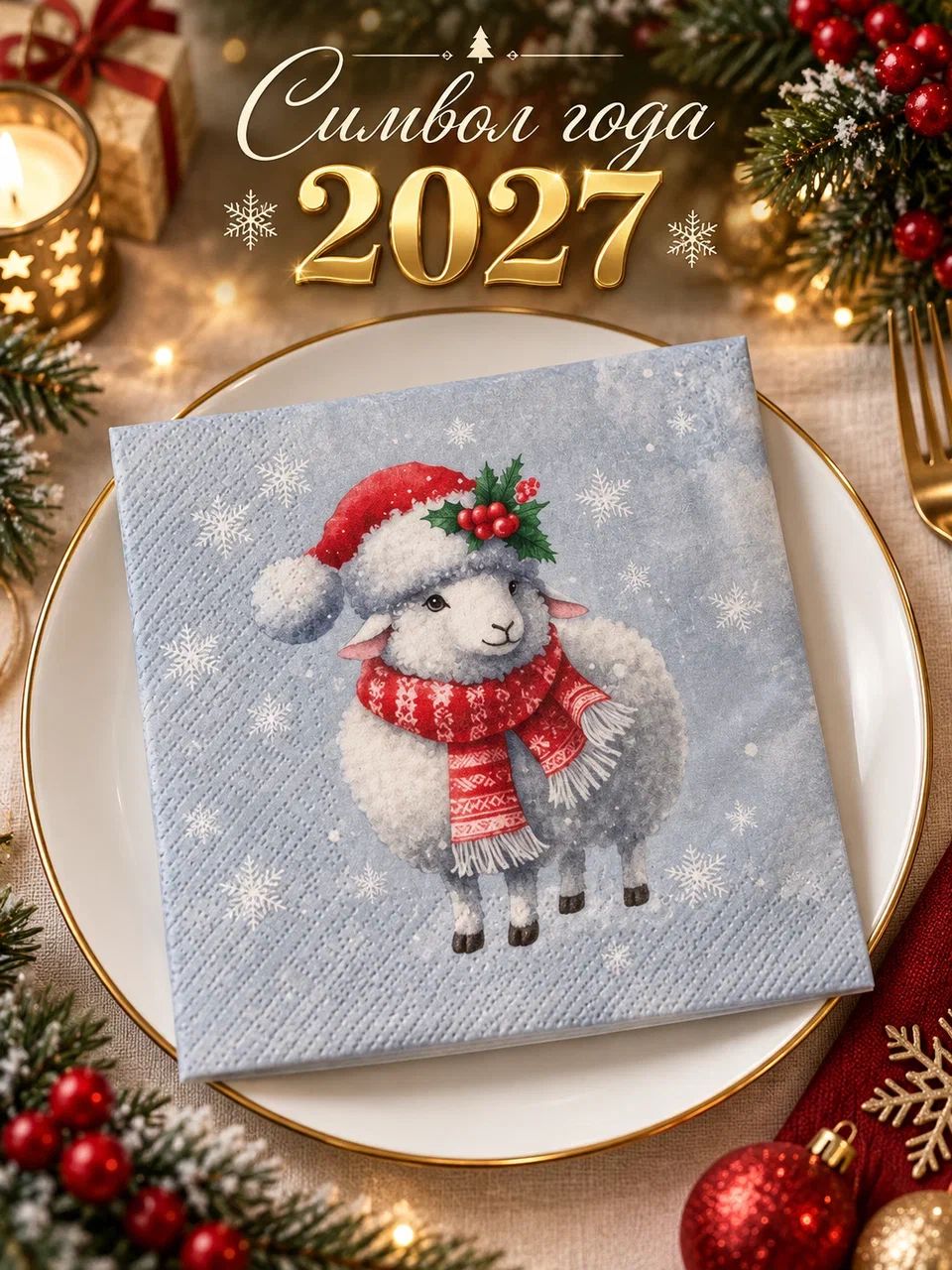 Салфетки бумажные новогодние Символ года 2027 Волшебная овечка 33*33 3-х слойные 20 листов Bouquet