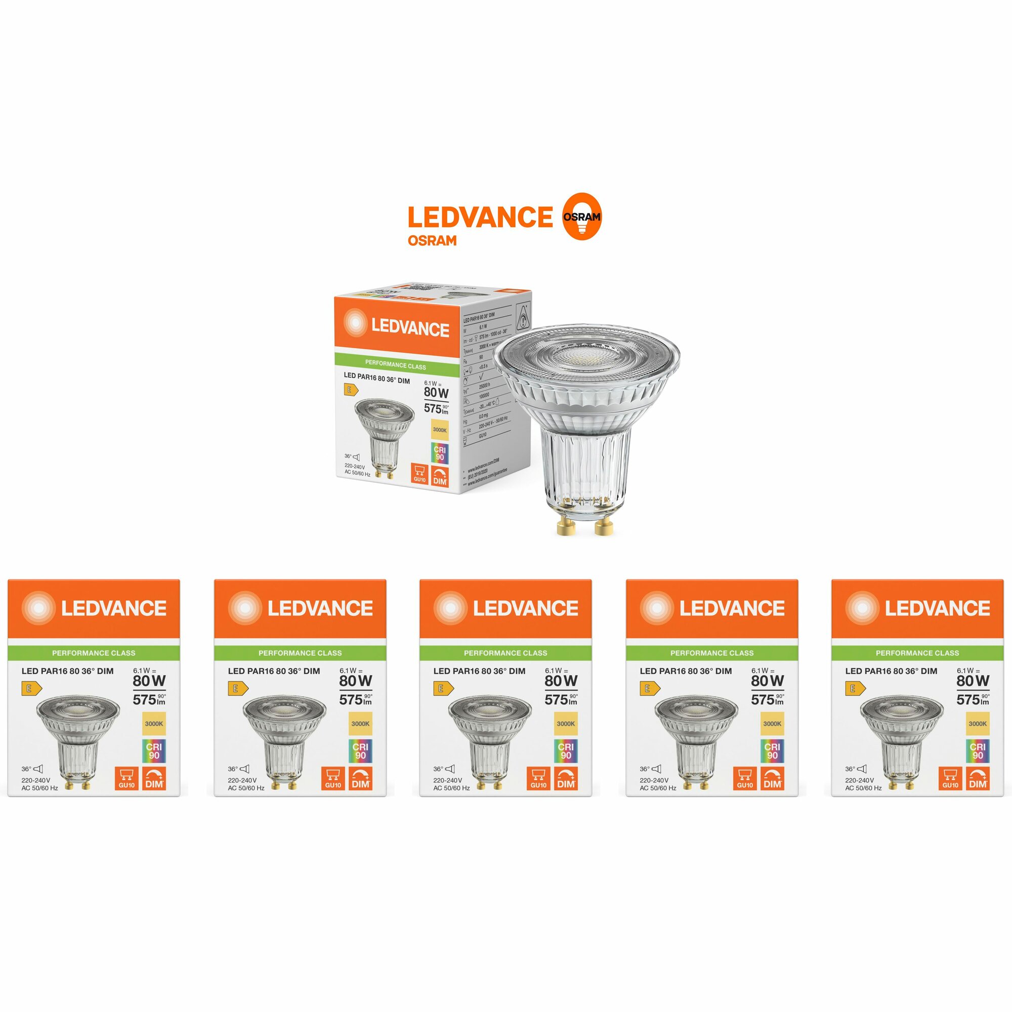5шт/уп. Лампа LED Софит 6.1W GU10 PAR16 DIM Ra90 220V 575Лм 3000К Угол 36 град. D-50mm L-52mm Диммируемая Свет Теплый белый OSRAM-LEDVANCE, уп. 5шт