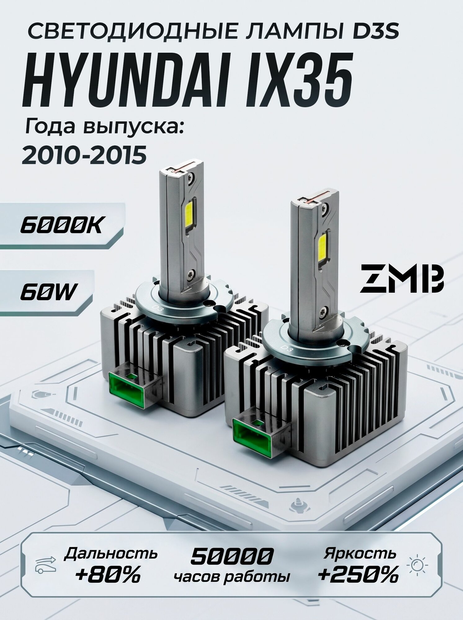 Светодиодные лампы ZMB D3S/R LED 60w на Hyundai ix35 2010-2015 / замена штатных ксеноновых ламп Д3C для Хендай ix35