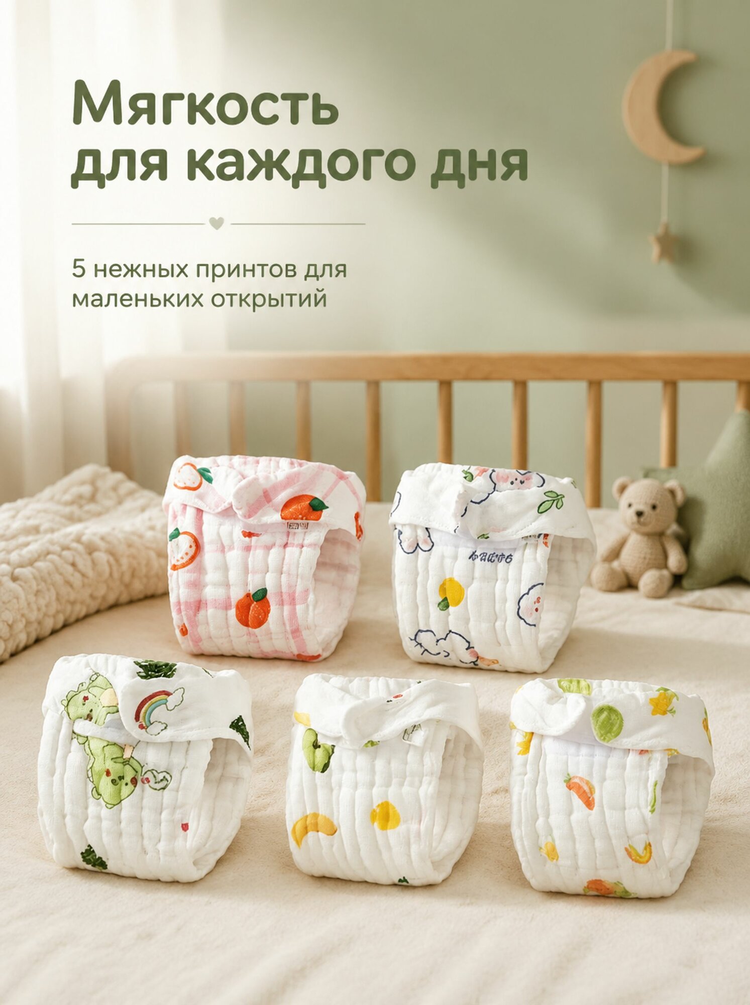 5шт, Детские моющиеся хлопковые марлевые подгузники размер L