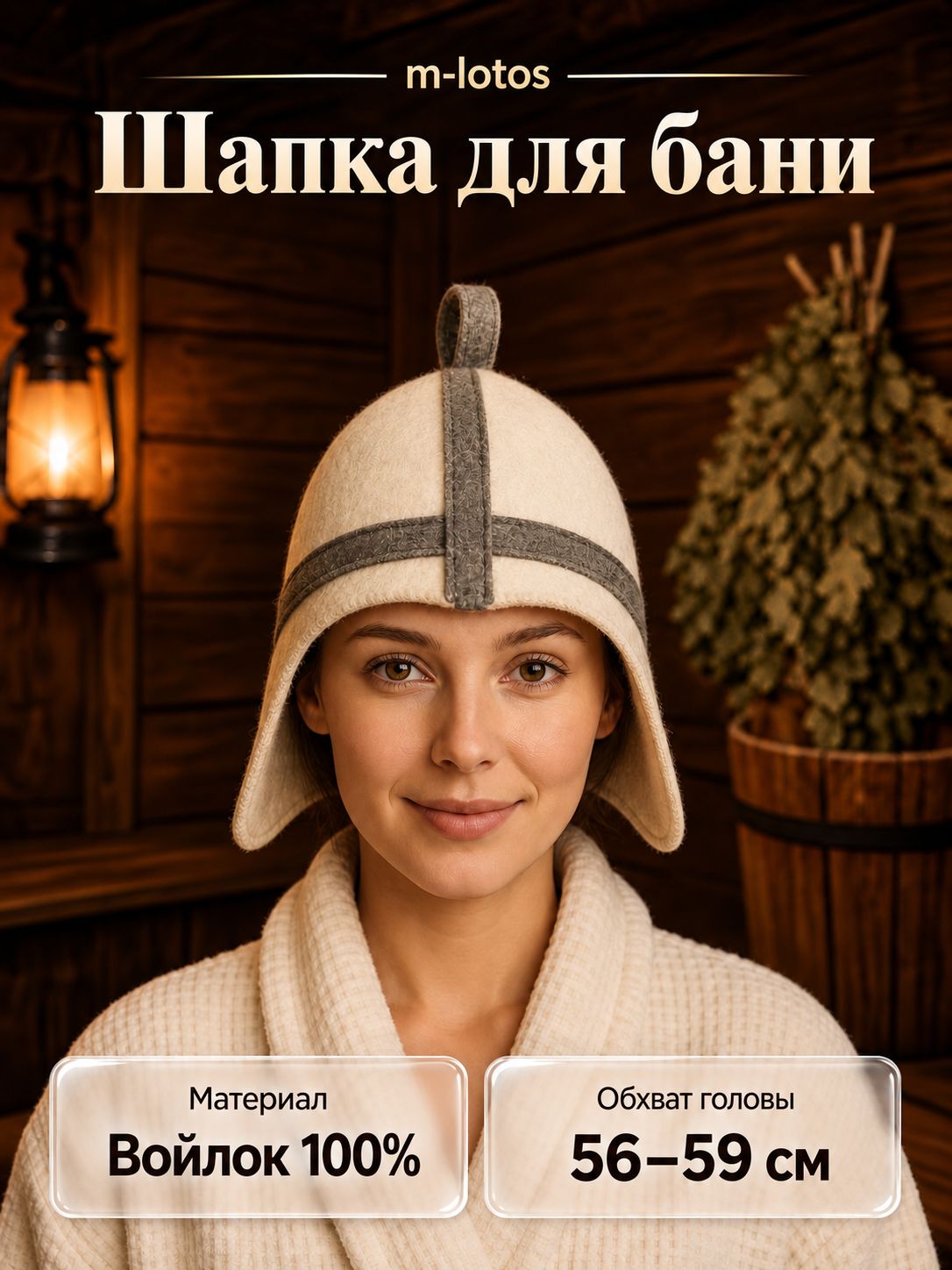 Шапка для бани с ушами Муромка, банная шапка-шлем богатырский для парилки, войлок 100% шерсть, вышивка, унисекс, 56-59 см, m-lotos