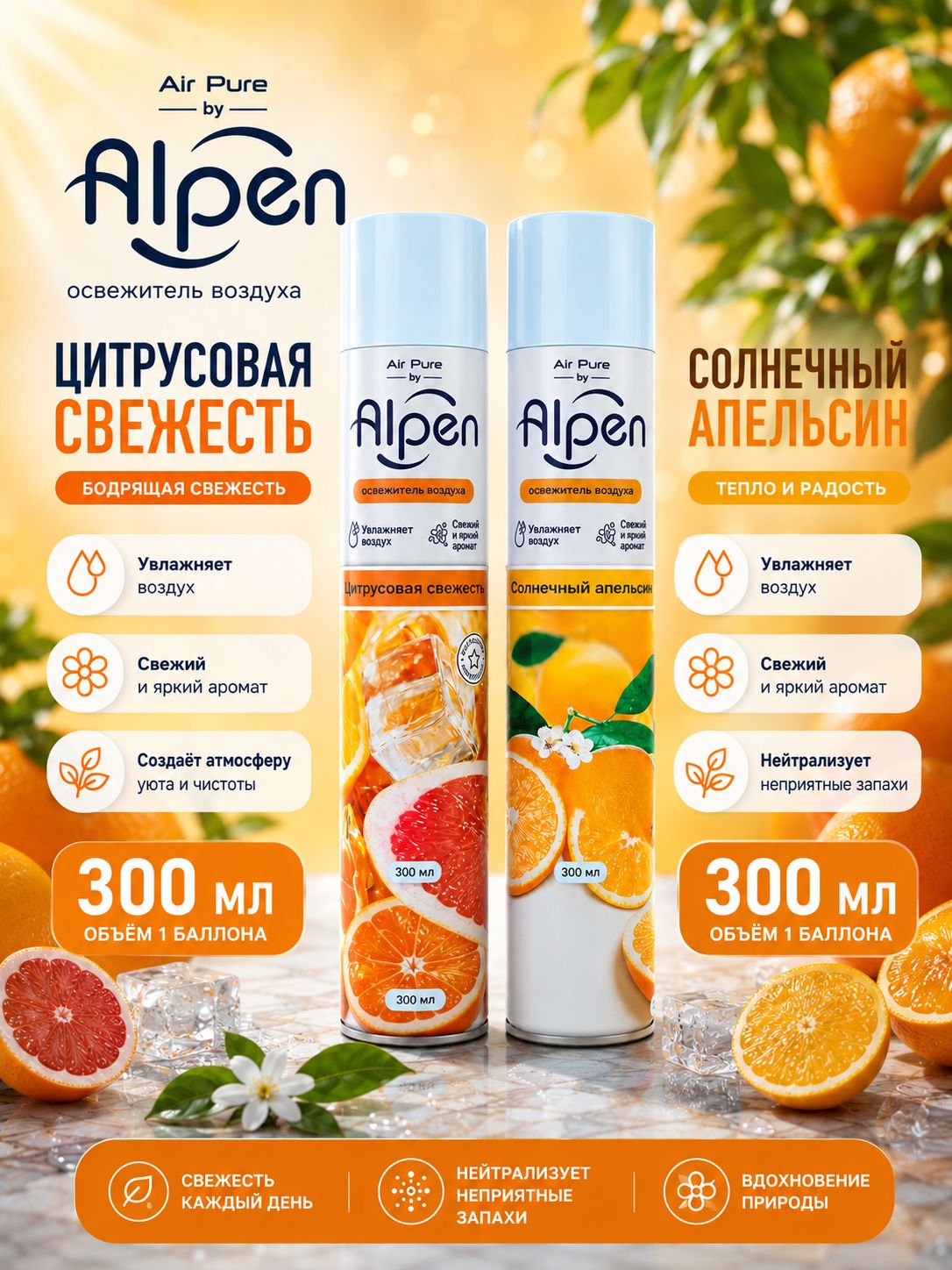 Комплект Alpen - Освежитель воздуха Цитрусовая свежесть + Солнечный апельсин 300 мл