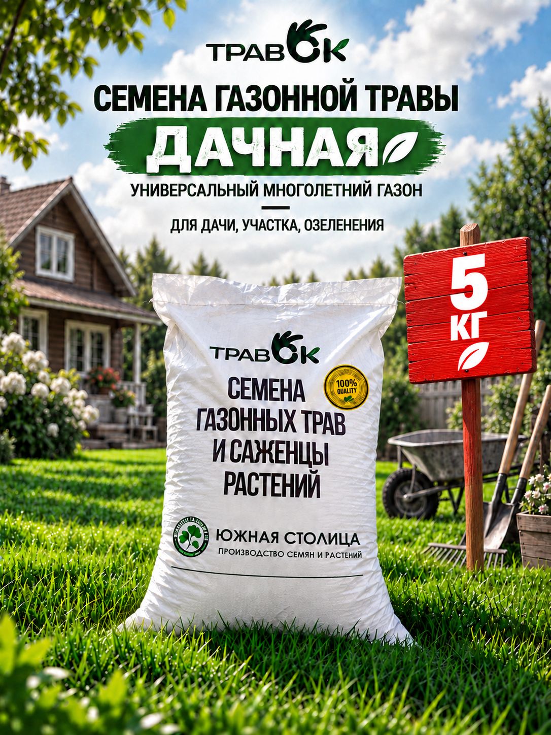 Семена газонной травы Дачная, универсальный многолетний газон, 5кг для дачи, участка, озеленения, ТравОК