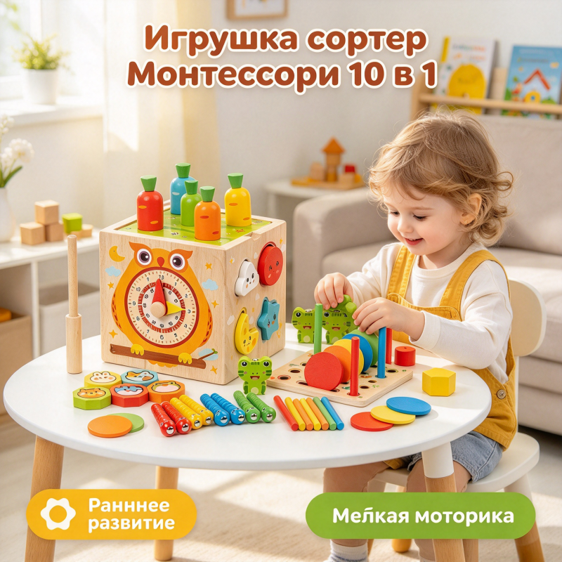 Деревянный сундучок Монтессори 10 в 1, часы, сортер, игра морковь для развития моторики детей 1-6 лет