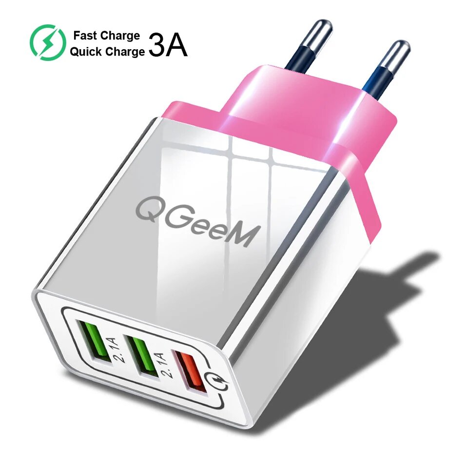 Зарядное Устройство QGeeM С 3 Портами USB QC 3.0, Док-станция Для Быстрой Зарядки Для Розовый, Pink