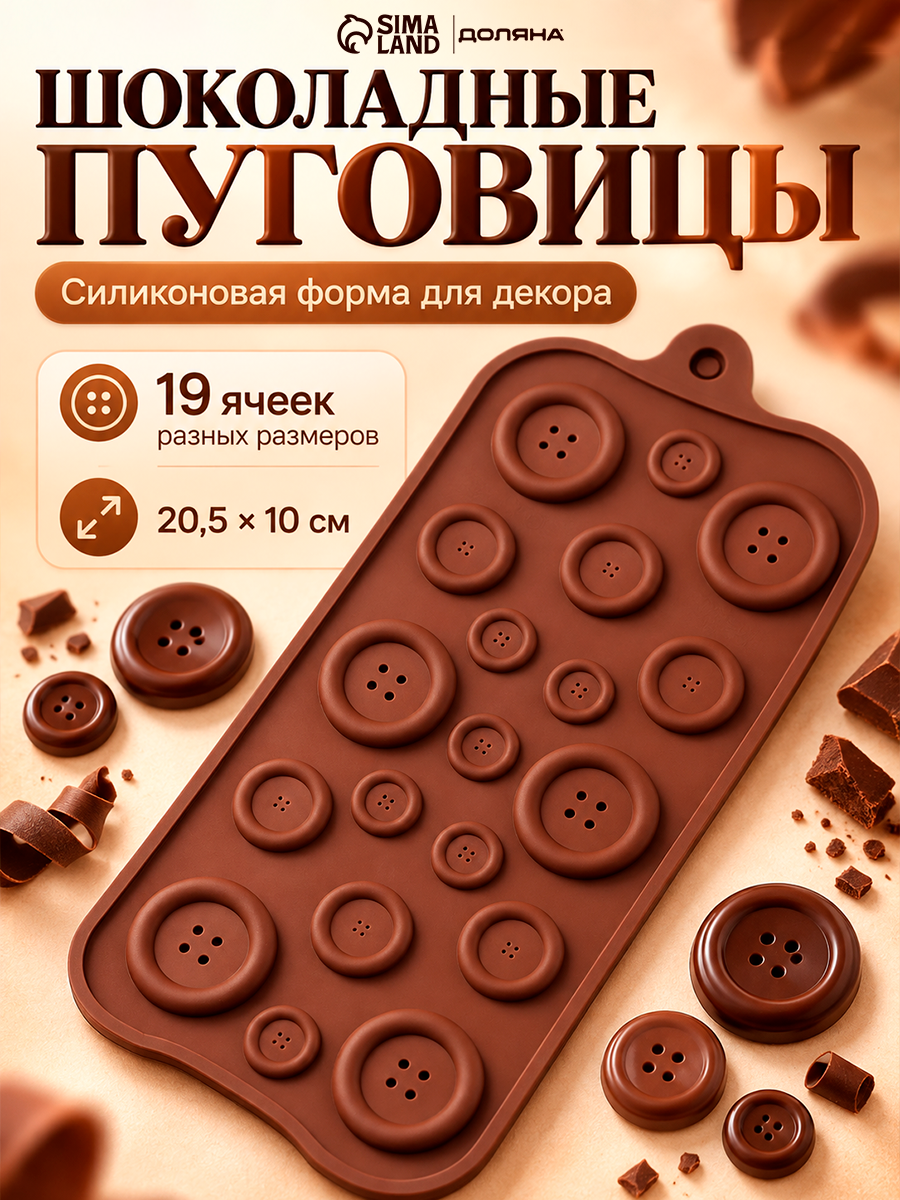 Форма для шоколада Доляна «Пуговки», силикон, 20.5×10 см, 19 ячеек, коричневая