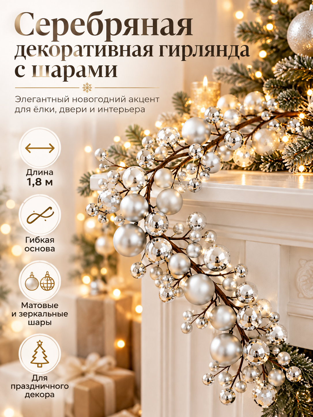 Новогодняя декоративная гирлянда с серебряными шарами, 180 см, для ёлки, двери и интерьера