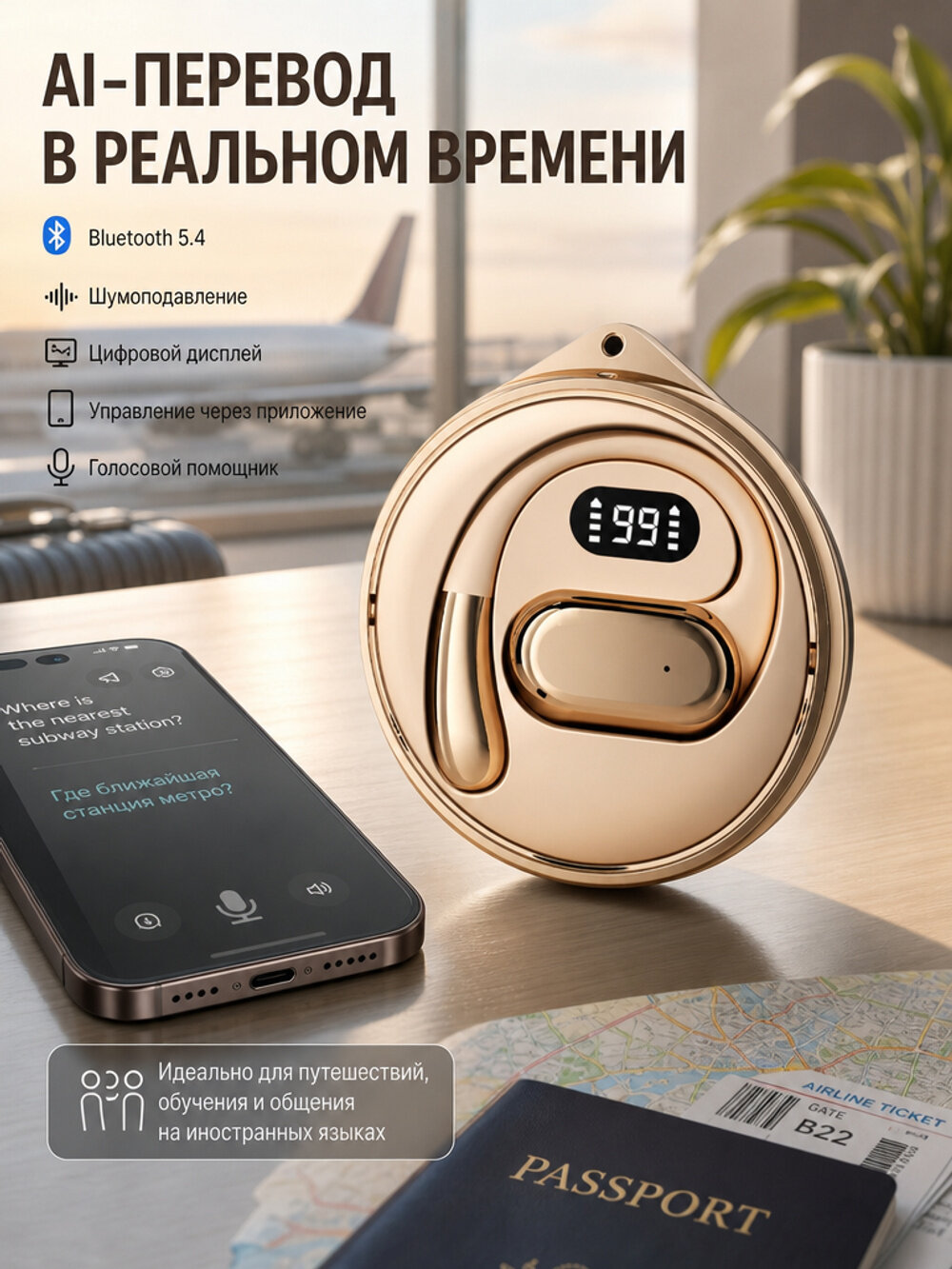 Наушники с AI-переводом, Bluetooth 5.4, дисплеем, шумоподавлением и зарядным чехлом