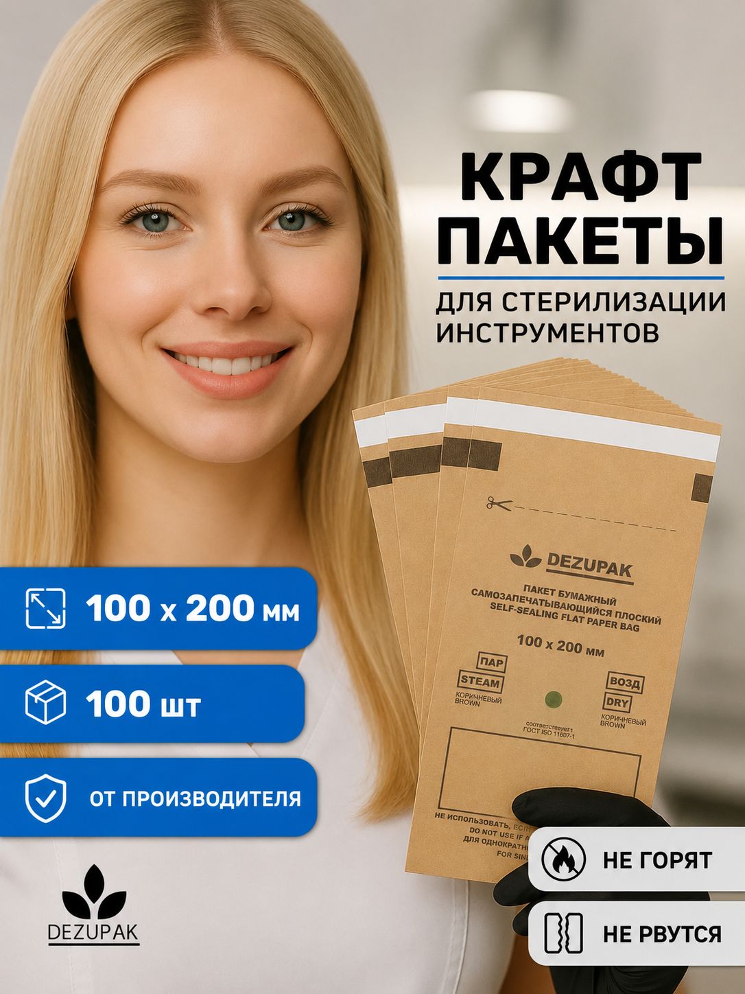 Крафт пакеты для стерилизации 100х200, 100шт.