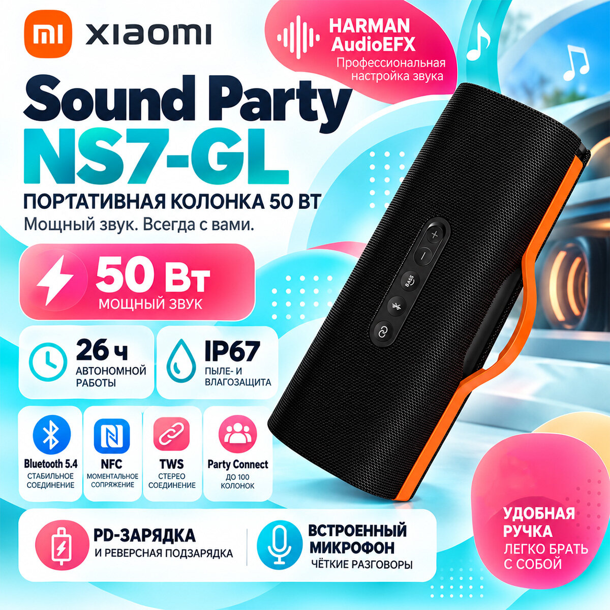Беспроводная колонка Sound Party Сяоми NS7‑GL (QBH4321GL) 50 Вт с обратной зарядкой (powerbank): Bluetooth 5.4, TWS, Party Connect, 3D RGB-подсветка,