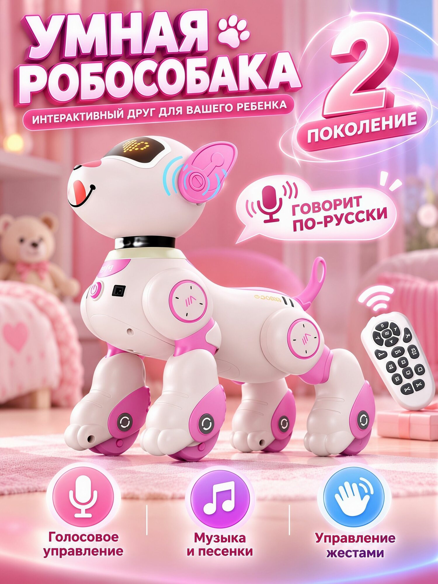Интерактивная робот собака на пульте управления, игрушка для девочек 2-го поколения, говорящая на русском, подарок, светло-розовый