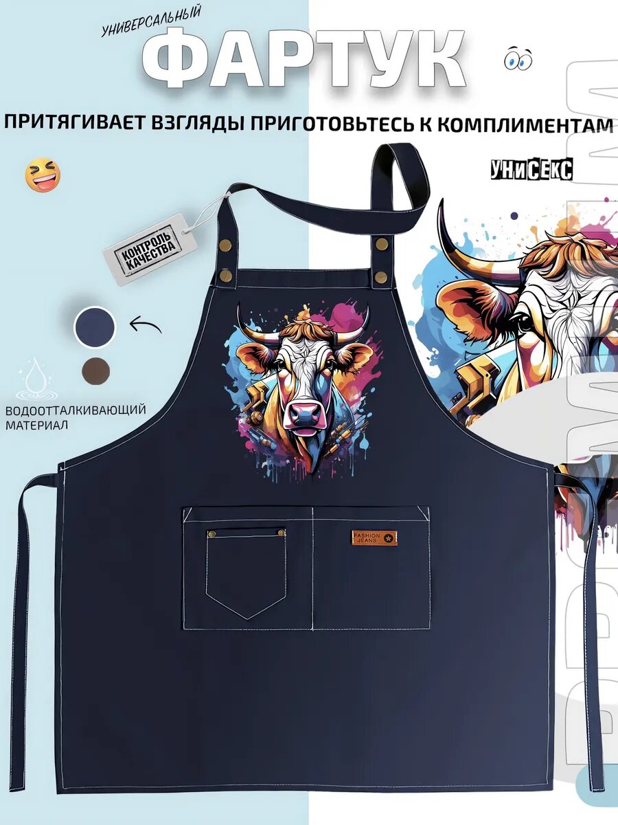 Фартук Корова Cow Арт Животное Символ Молоко кухонный с принтом универсальный
