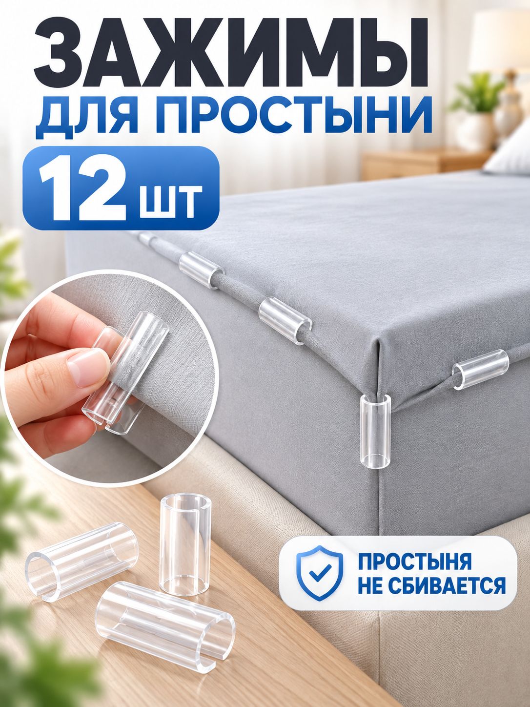 Держатель фиксатор для простыни зажим постельного белья антискользящий универсальный крепеж для матраса кровати, прозрачный 12 штук, долговечные