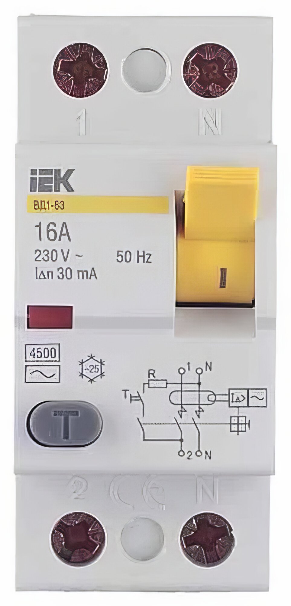 УЗО IEK Karat ВД1-63 16А 1P+N тип AC 30 мА 4,5 кА (MDV10-2-016-030)