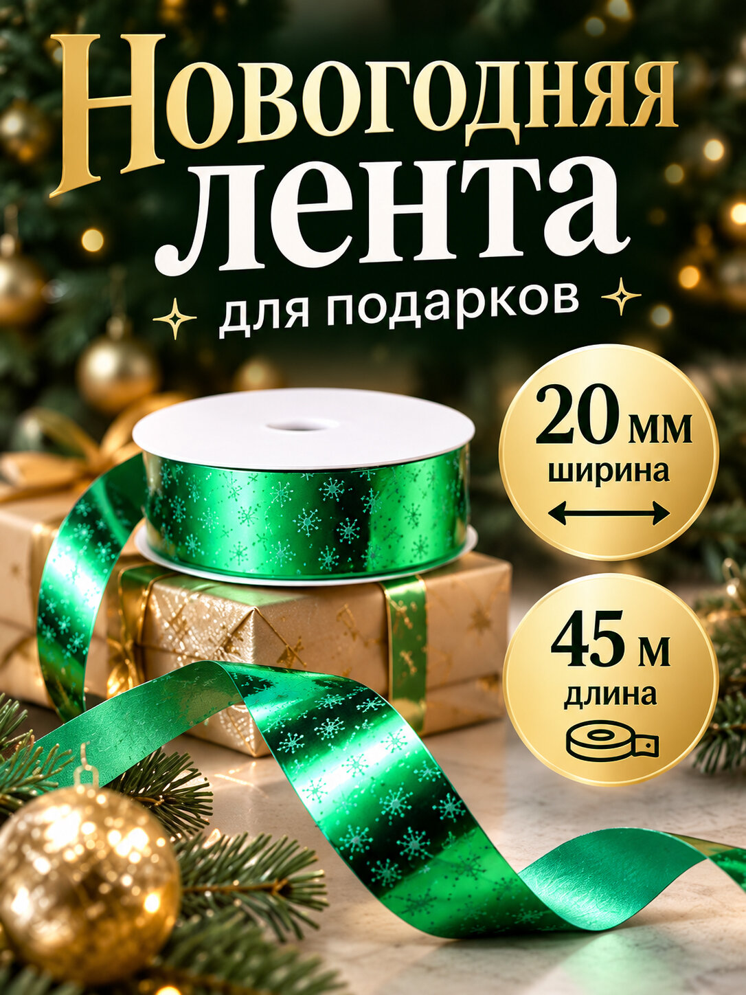 Новогодняя лента для декора и подарков 45 м, ширина 2 см, цвет зеленый