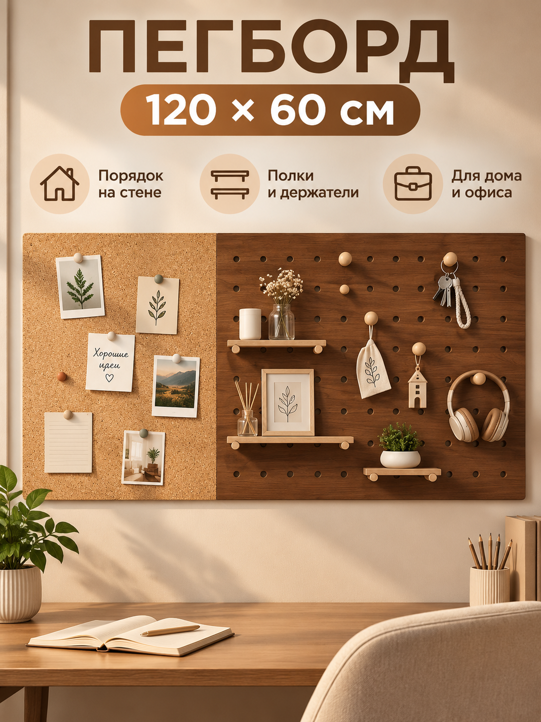 Пегборд 120х60см. Настенная панель. Перфорированная панель для хранения.