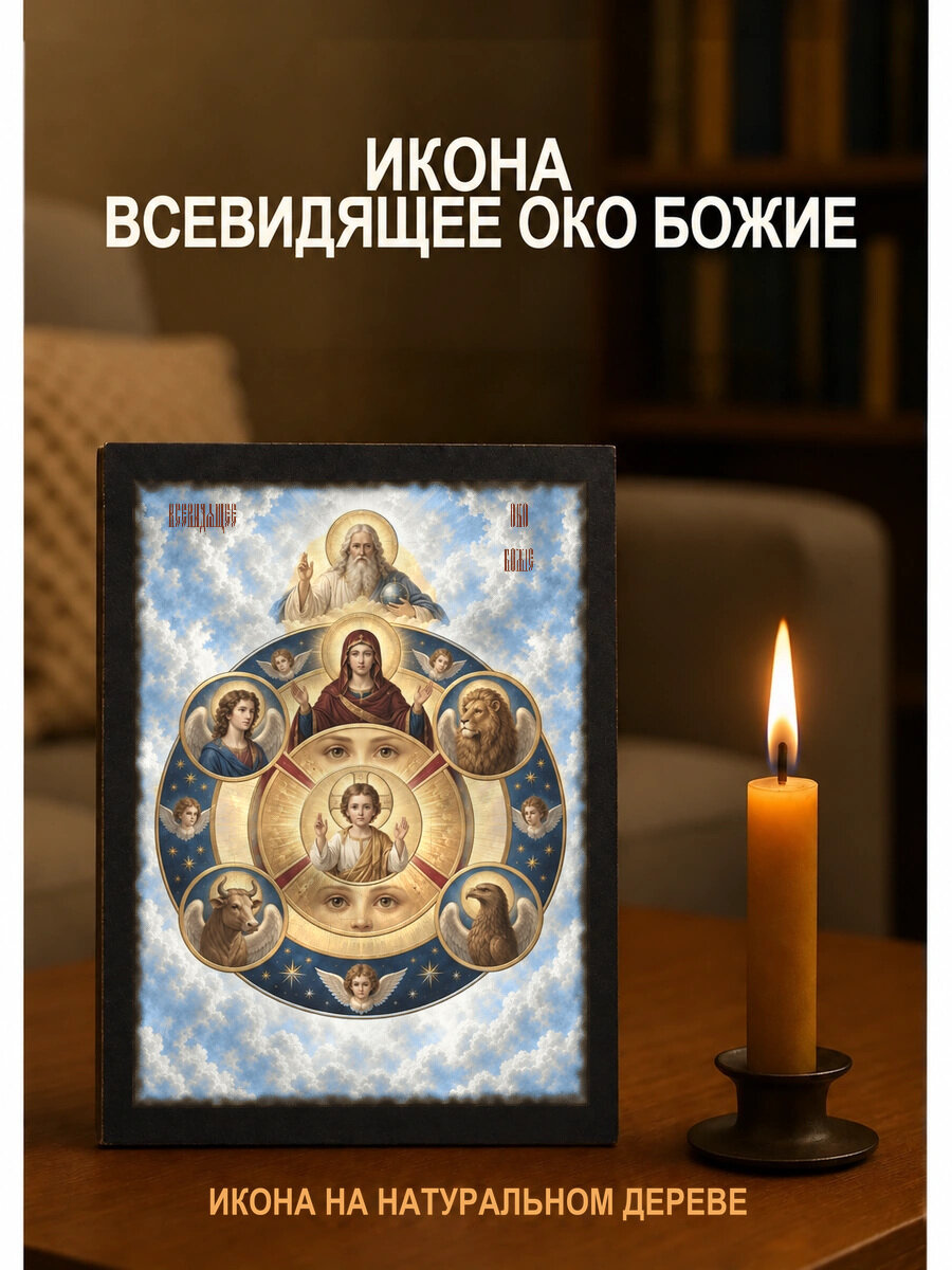 Икона «Всевидящее Око Божие» на натуральном дереве, 15×18 см, храмовая живопись, потёртое золото