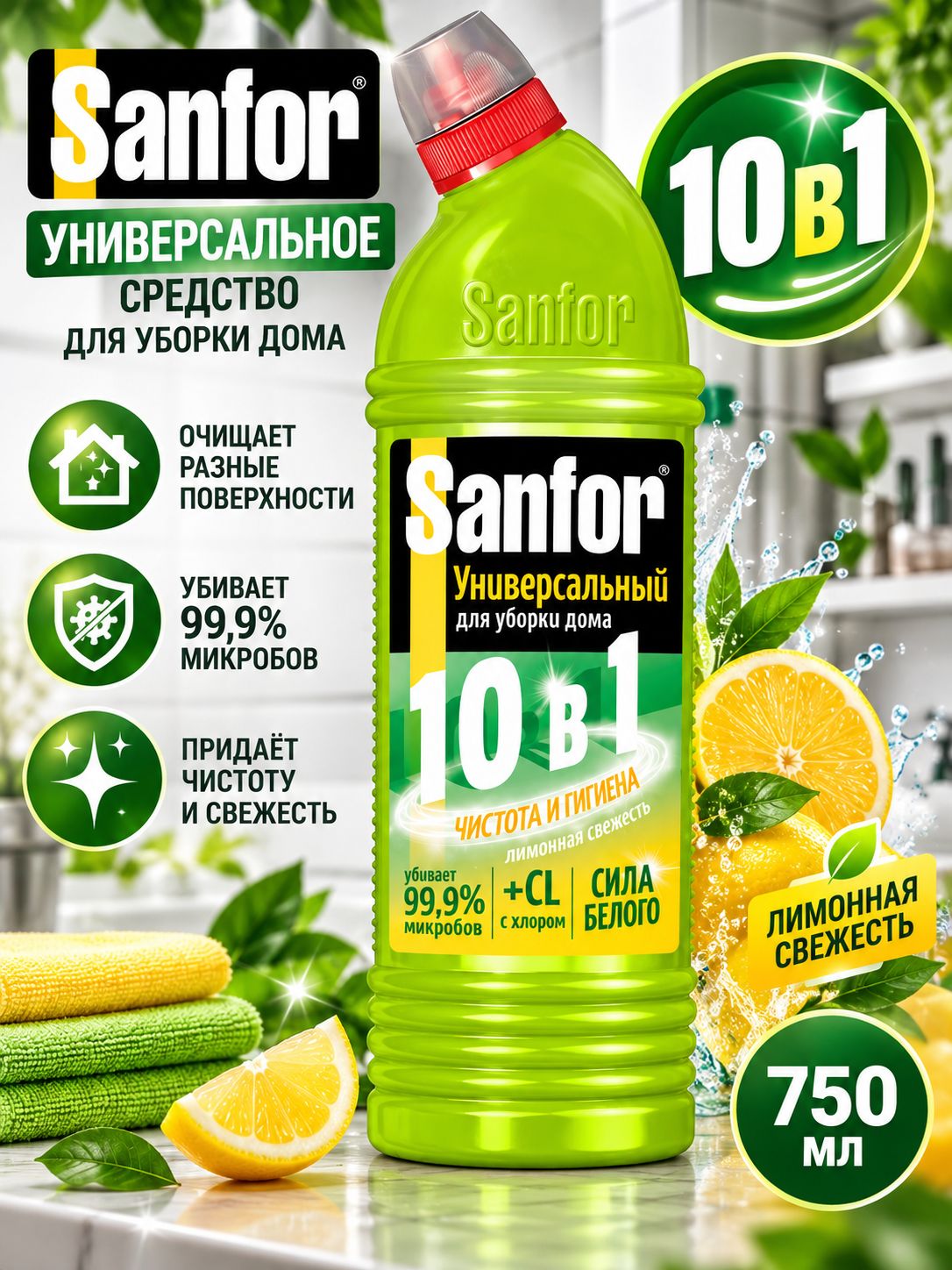 Sanfor Universal - Средство универсальное 10в1 Лимонная свежесть 750 мл