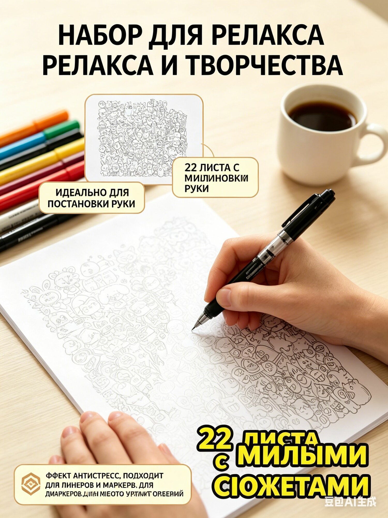 Набор для рисования и тренировки постановки руки, раскраска антистресс листы для срисовывания и дудлинга, 22 штуки, милые контуры для хобби и творчества