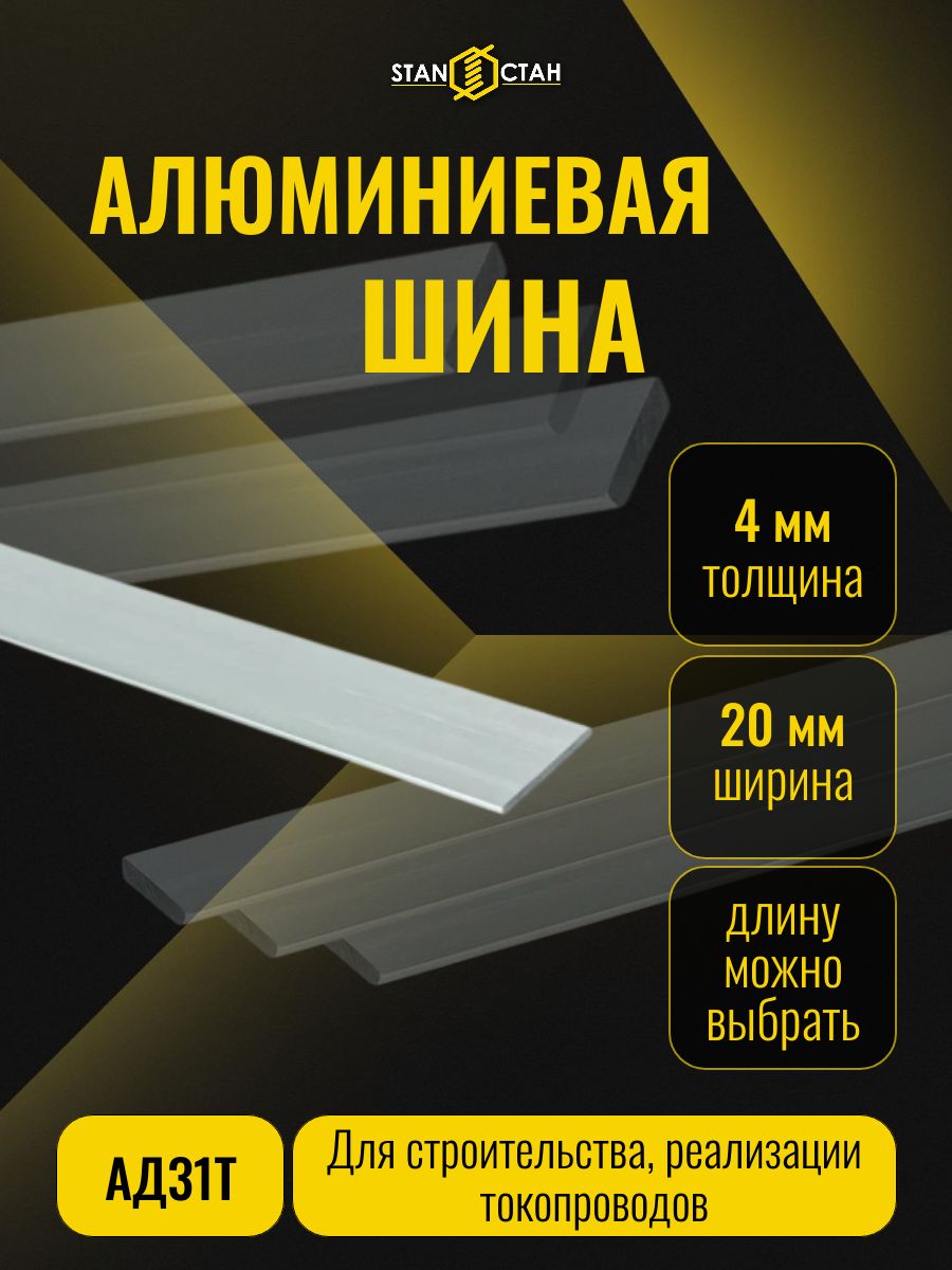 Полоса алюминиевая 4 мм (АД31Т), ширина 20 мм, длина 900 мм, высокая проводимость