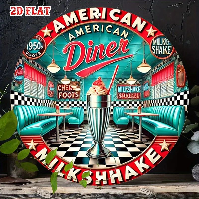 Плоская 2D-табличка, 1 шт, круглая алюминиевая табличка в стиле американской закусочной 1950-х годов - 7.87x7.87 дюйма, винтажный декор для стен с из
