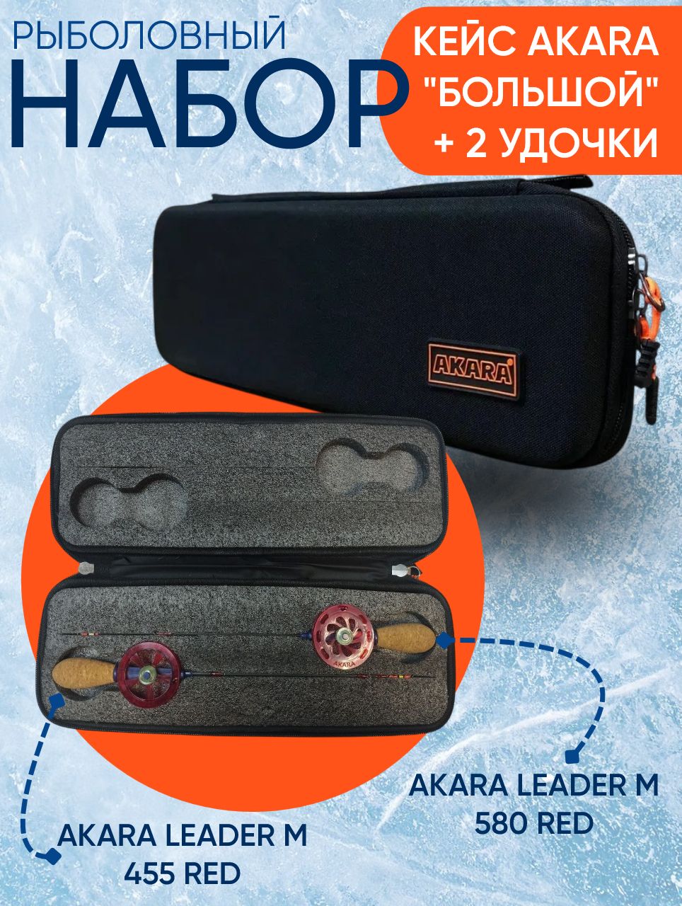 Набор зимний кейс Akara большой + две удочки Akara Leader M 455 Red и Leader M 580 Red с катушкой