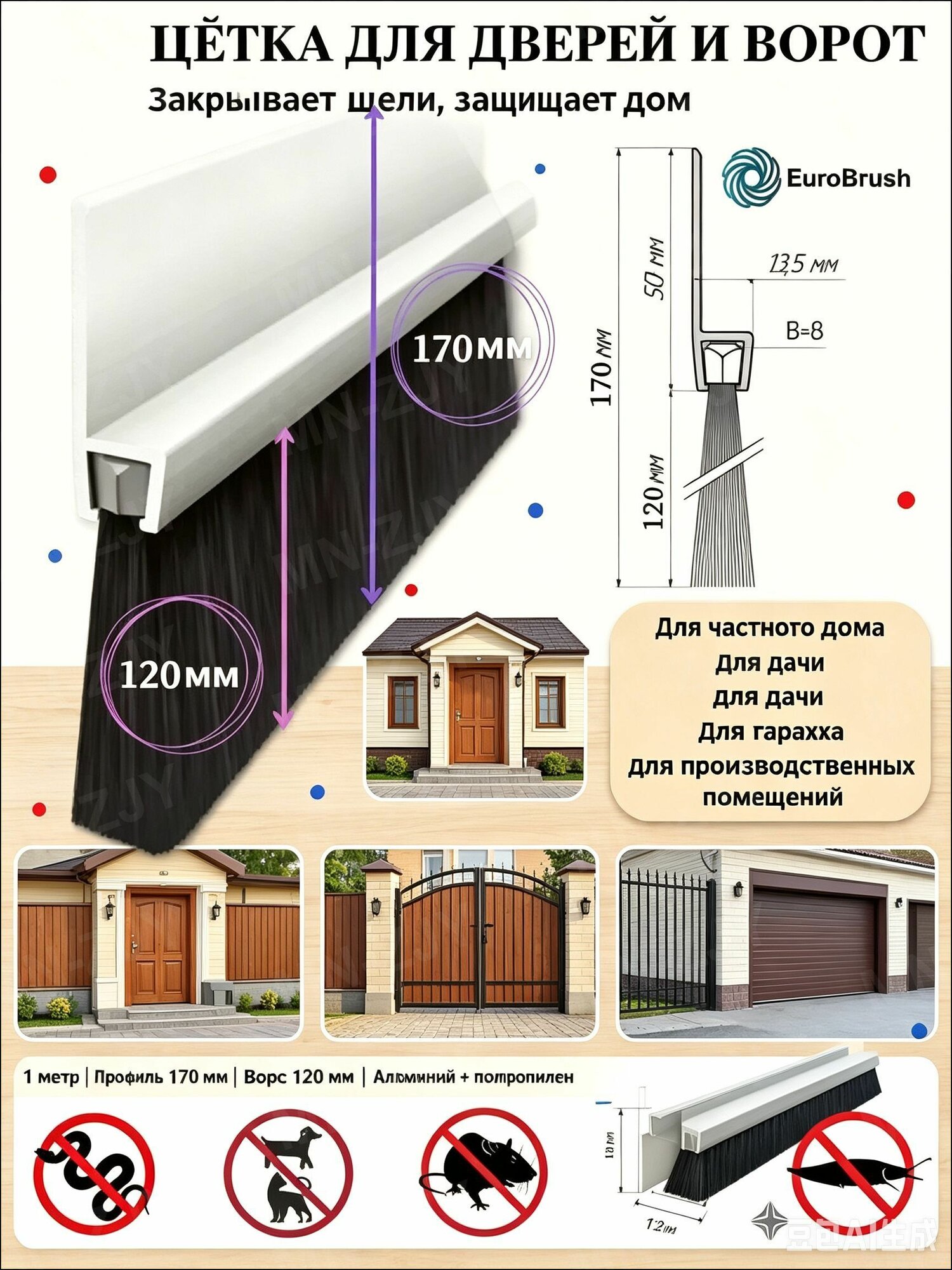 EB-1110h8/1000 Щетка полосовая + Профиль 500*2*170*13,5h(база 8,0), ворс высотой 120 мм PP черный 1,25, с профилем h стыковочным, щетка под ворота, уплотнительная