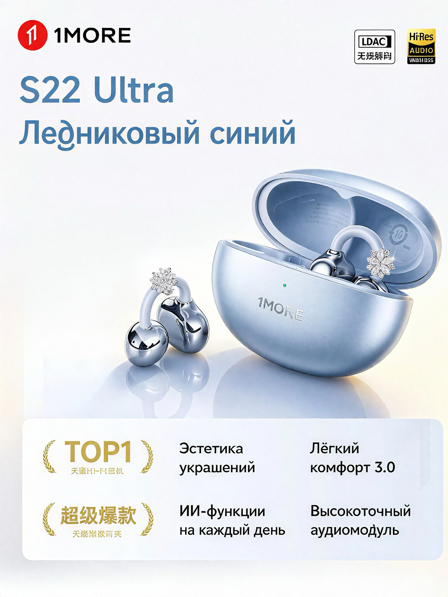 1MORE S22 Ultra беспроводные Bluetooth-наушники-клипсы «Комфортная фасоль», синий