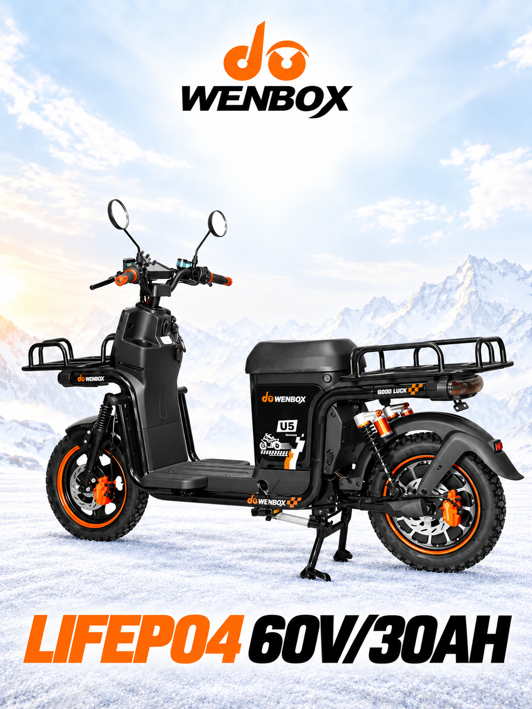Электрический скутер Wenbox U5, АКБ 30 А·ч, до 60 км/ч, передняя и задняя амортизация, чёрный цвет — для работы и отдыха