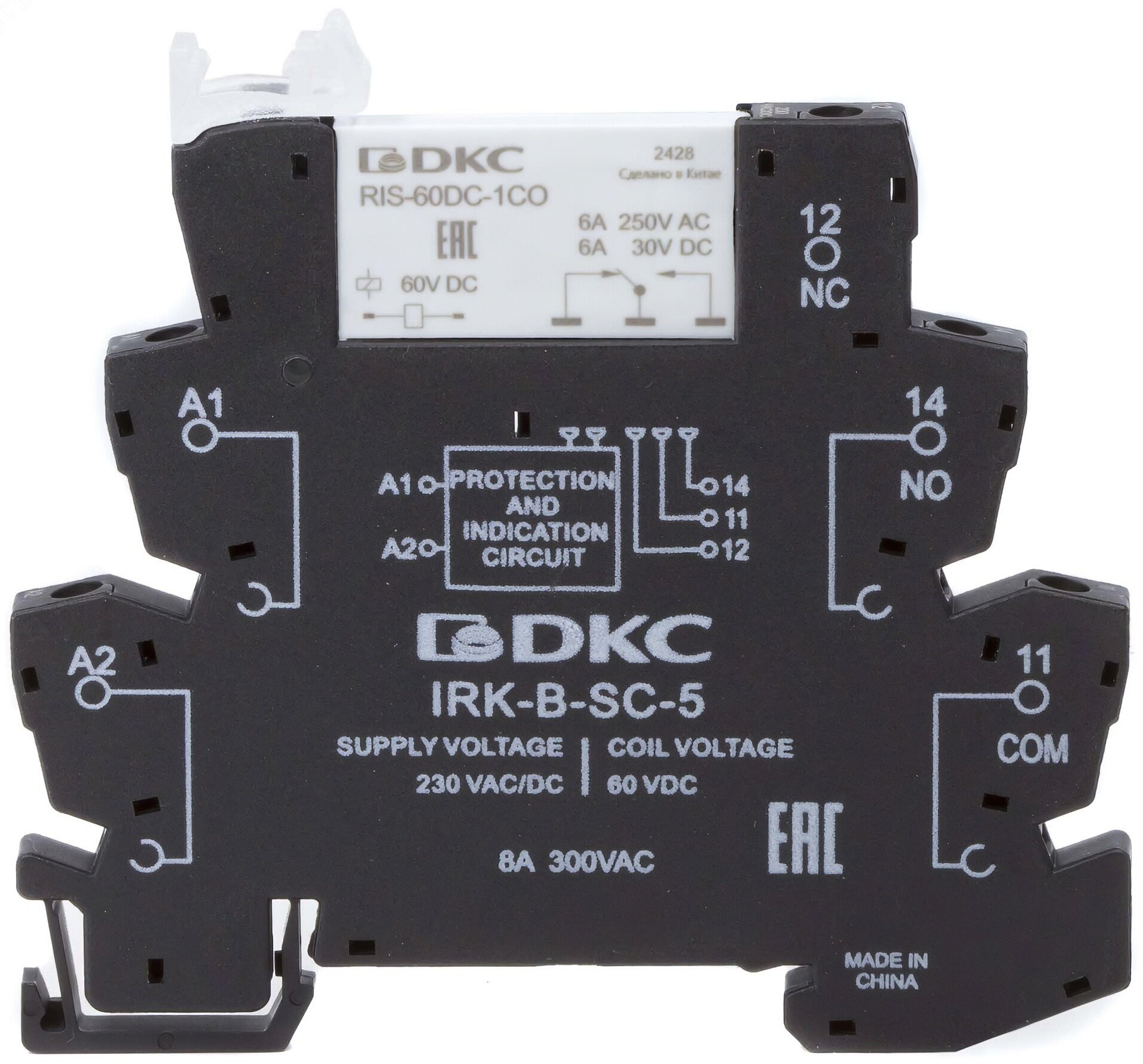 Реле интерфейсное, 1CO, ком. ток 6А, AgSnO2, напряжение 230V AC/DC, винтовые клеммы.