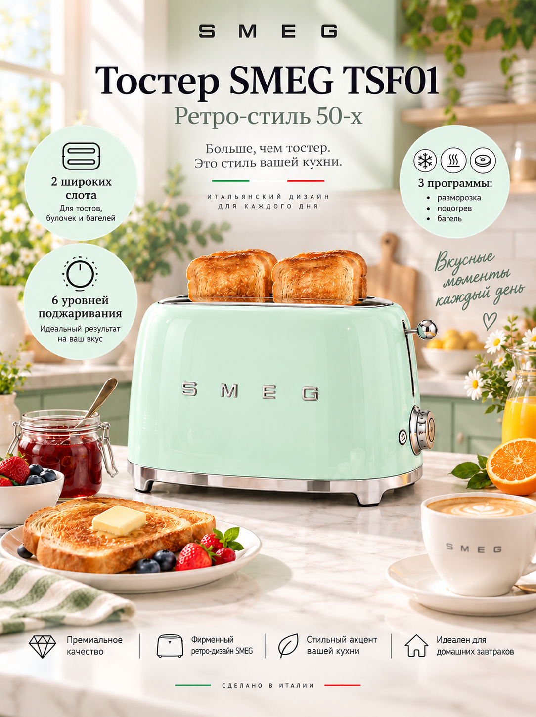 Тостер для хлеба с поддоном, SMEG TSF01PGEU, 2 ломтика, тостер для хлеба для крошек, тостер ретро для сэндвичей