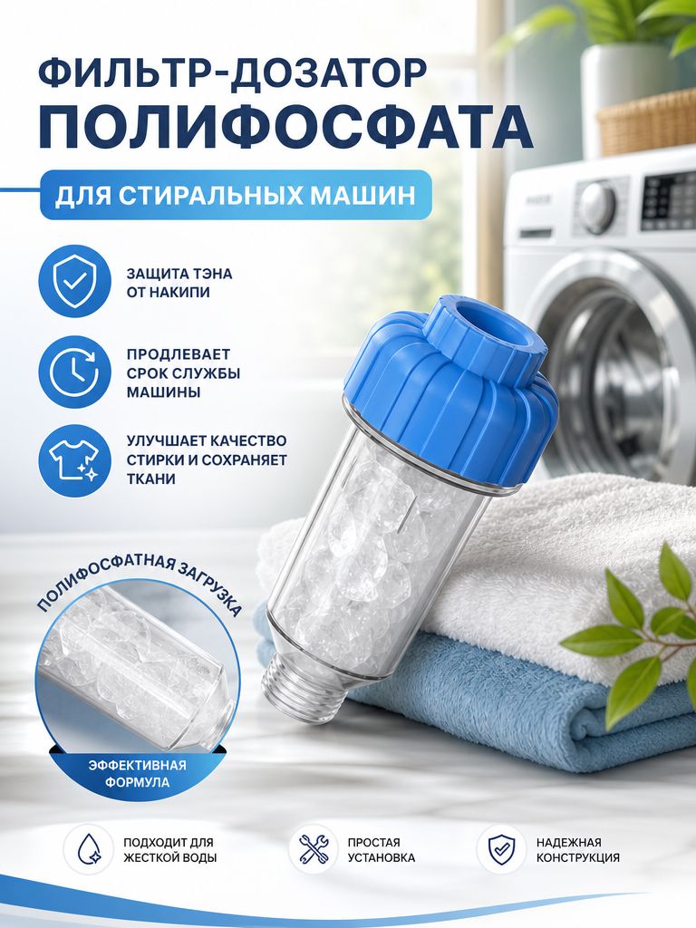 Полифосфатный фильтр абф-стирал для стиральной и посудомоечной машины, солевой умягчитель от накипи