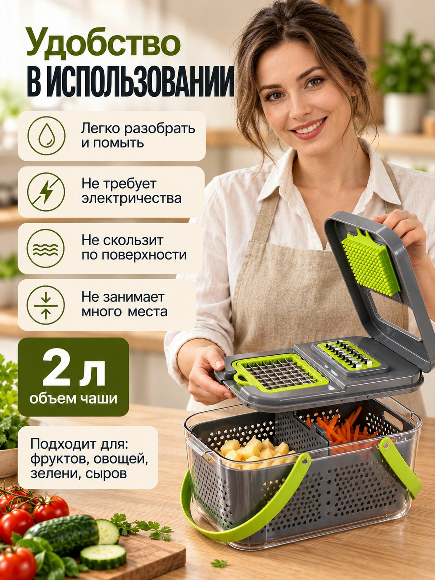 Овощерезка ручная многофункциональная с контейнером, мультирезка кубиками