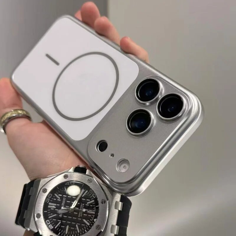 Оригинальный металлический магнитный чехол для зарядки для iPhone Айфон 14 Про Макс, Серый, Silver