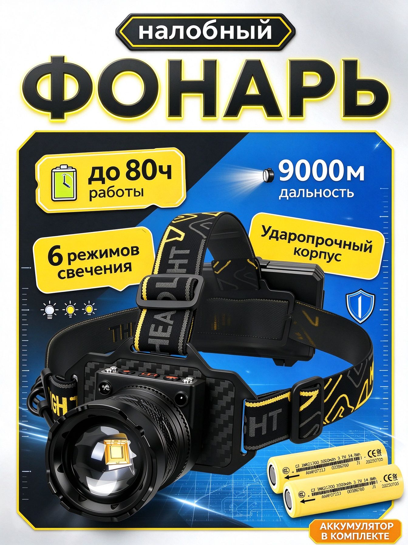 Налобный фонарь-прожектор PM90-GT с лазерным лучом 9000 м, 6 режимов, до 80 ч, 2 аккумулятора 21700, зум, задние красный/синий сигналы, IPX6, для поисковых работ