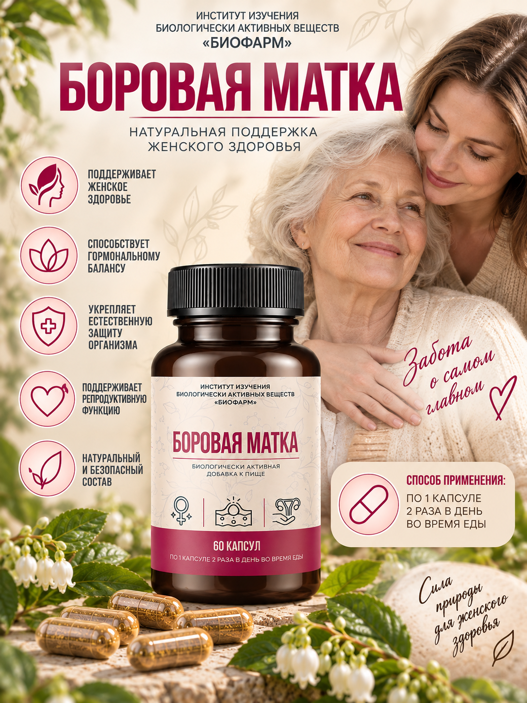 БАД. Боровая матка, 60 капсул, натуральный состав, противовоспалительное, антимикробное — фото 1