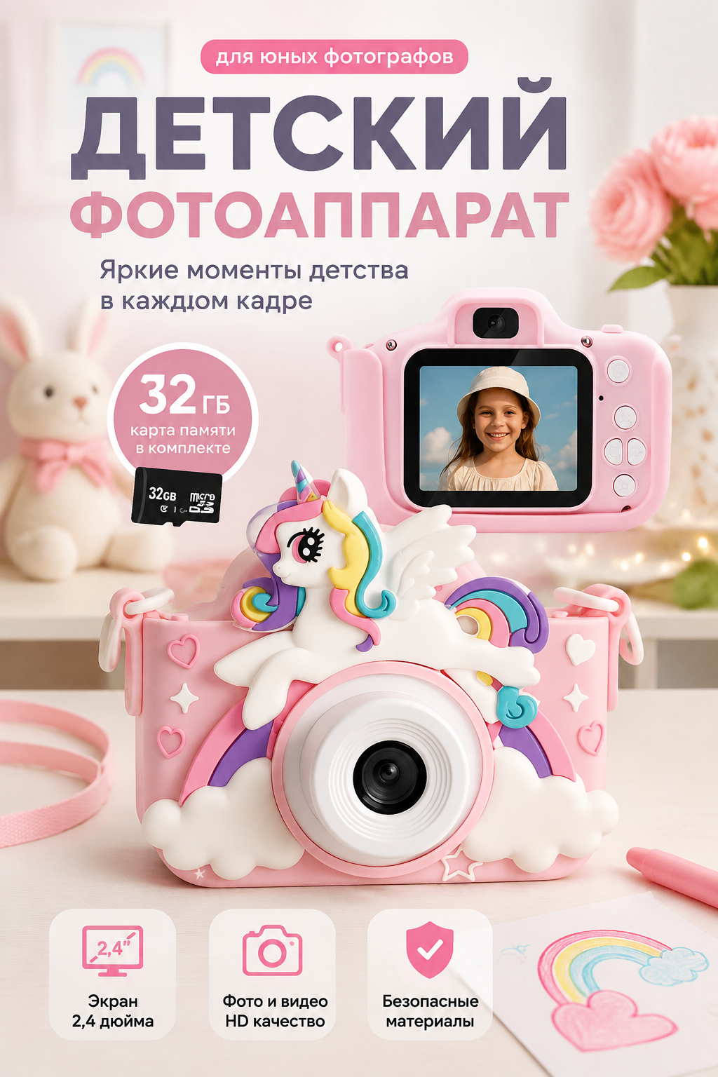 Детский фотоаппарат для девочек, розовый, электронная игрушка с экраном 2,4" и картой 32 ГБ