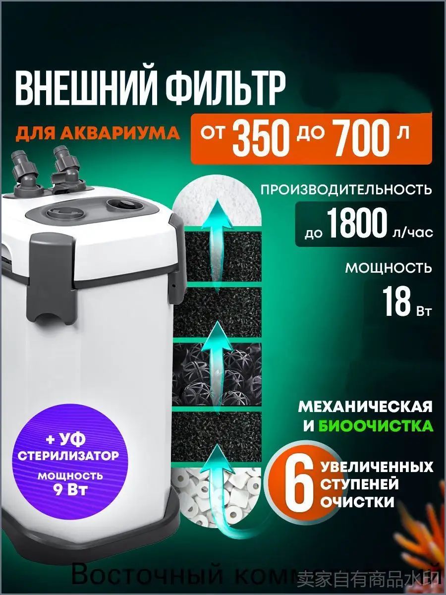 Внешний фильтр для аквариума 350-700л, с аэрацией, с УФ стерилизатором, Pacific 1800 UV, канистровый фильтр