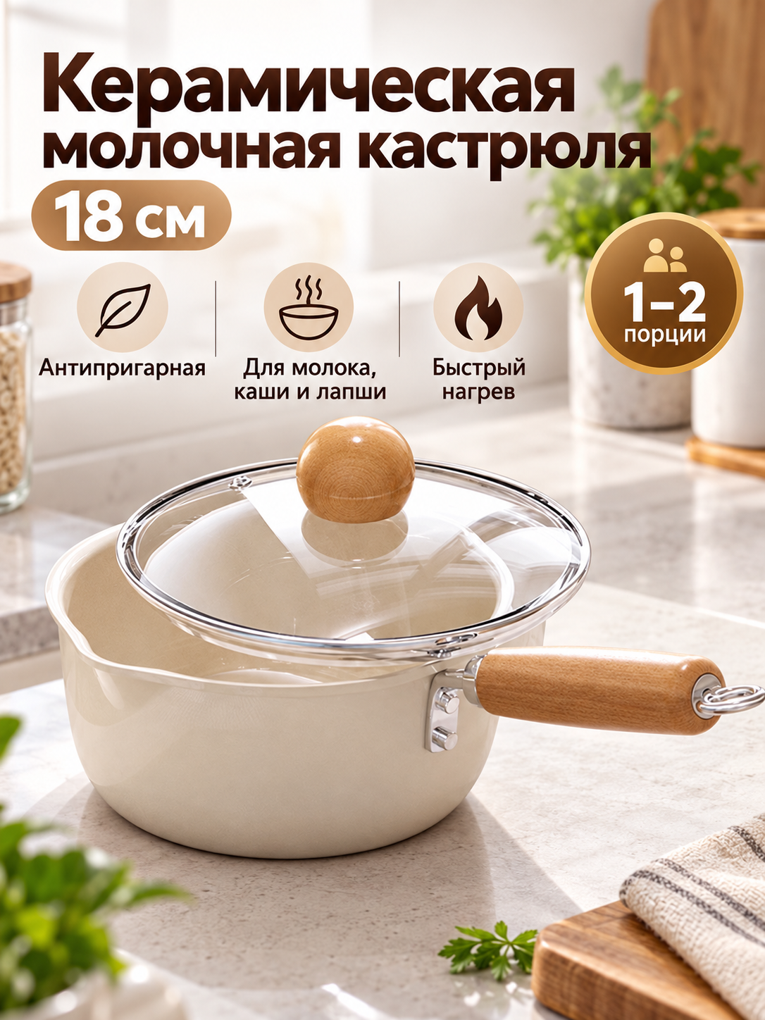 Ковш для молока 18 см с крышкой, керамическое антипригарное покрытие, с носиками для слива
