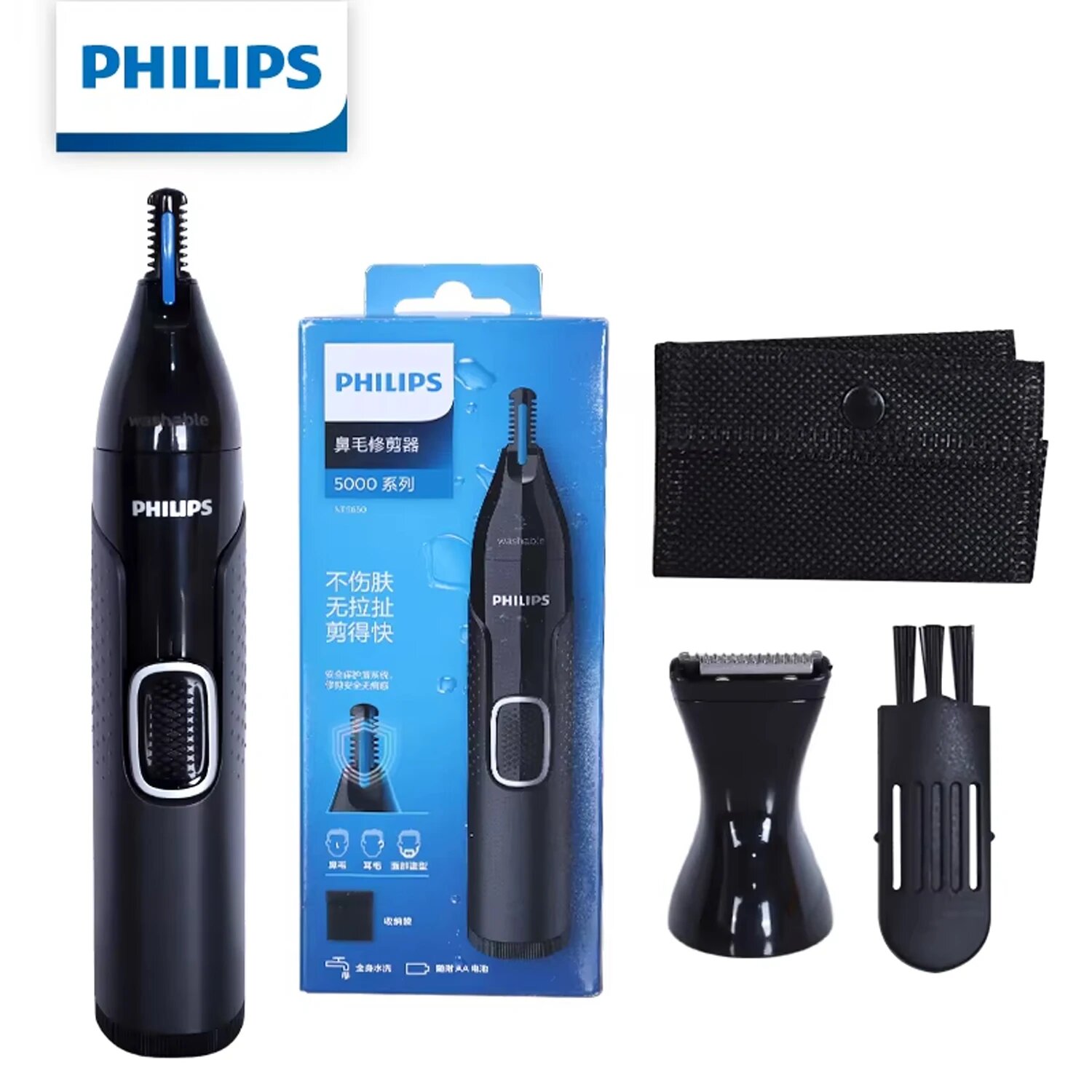 Электрический триммер для удаления волос в носу Philips NT5650/15, предназначенный для мужчин, для ухода за волосами в носу, ушах, на бровях и в области лица. Модель с возможностью замены насадок и возможностью мытья.