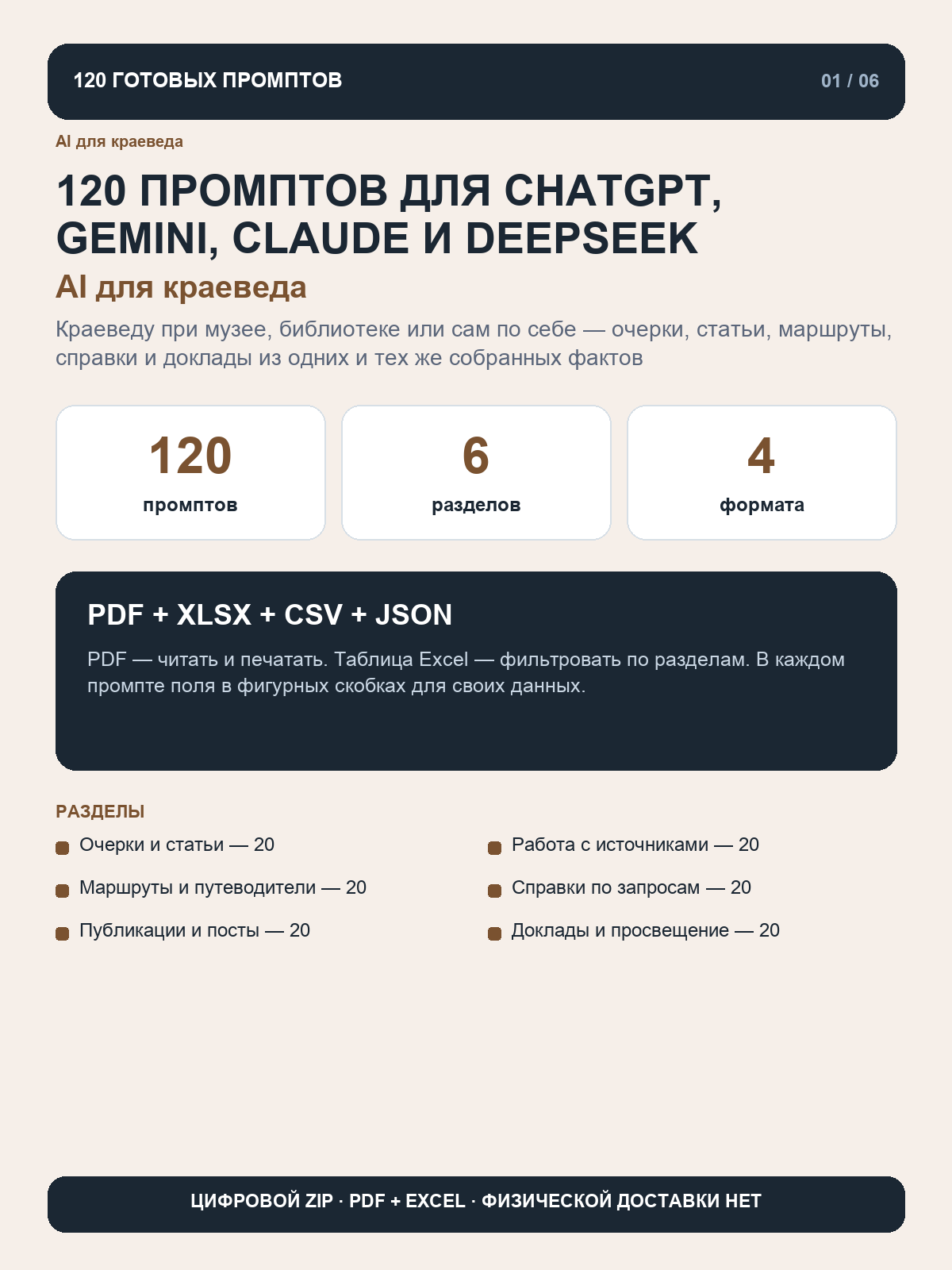 AI для краеведа: 120 промптов для ChatGPT, Gemini, Claude и DeepSeek, цифровой ZIP