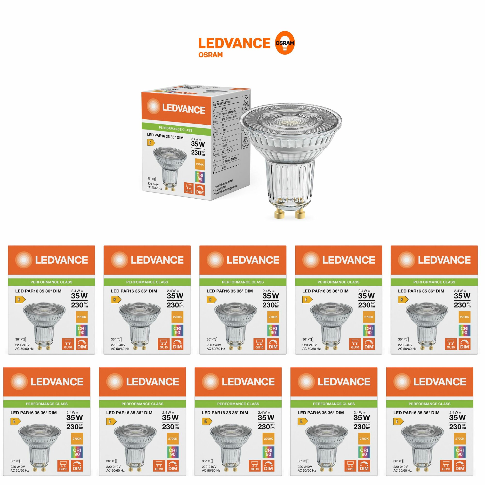 10шт/уп. Лампа LED Софит 2.4W GU10 PAR16 DIM Ra90 220V 230Лм 2700К Угол 36 град. D-50mm L-52mm Диммируемая Свет Теплый белый OSRAM-LEDVANCE, уп. 10шт