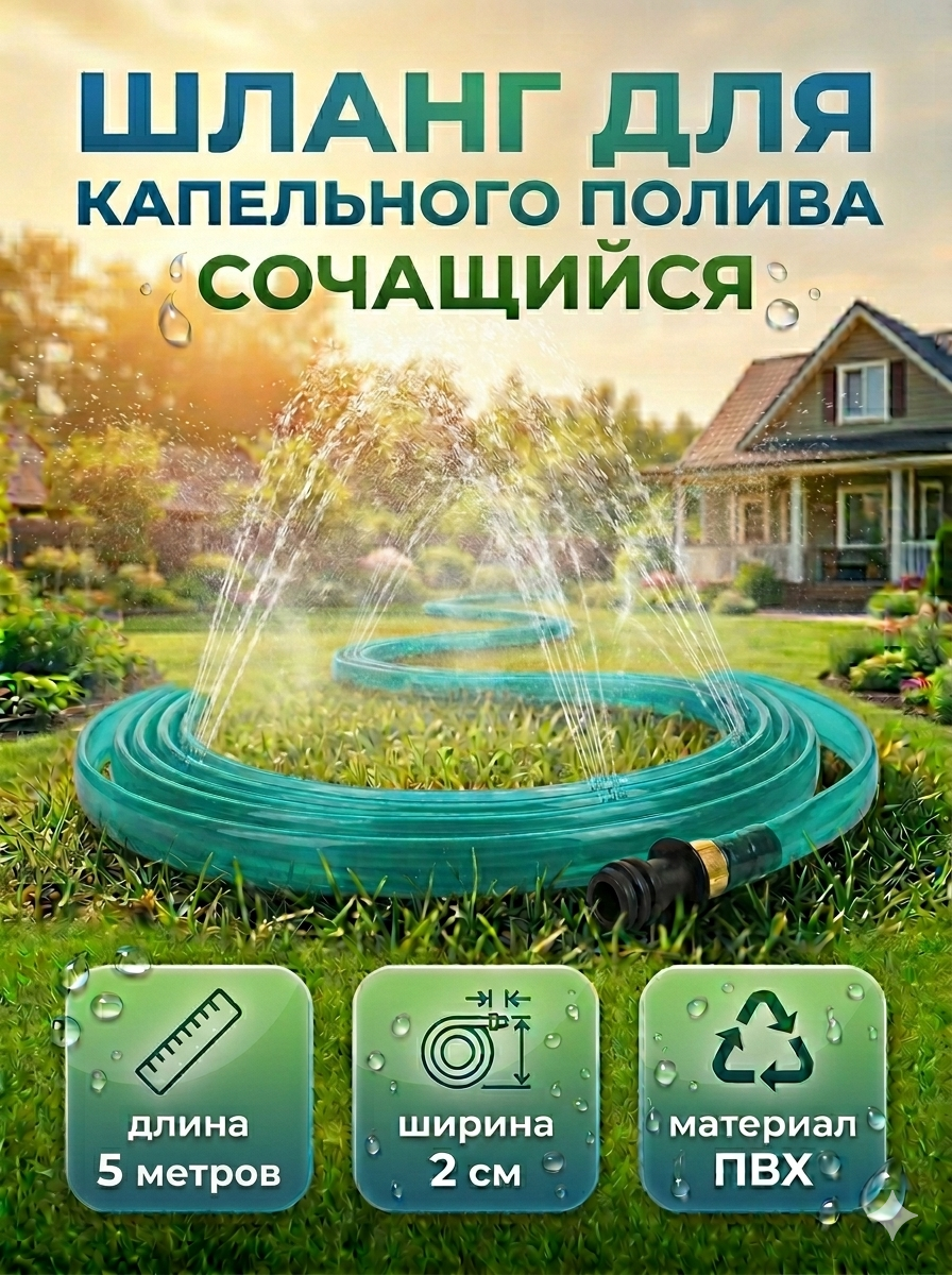 Шланг поливочный сочащийся 5м, пластик, диаметр 25мм, с соединителями для быстрого подключения