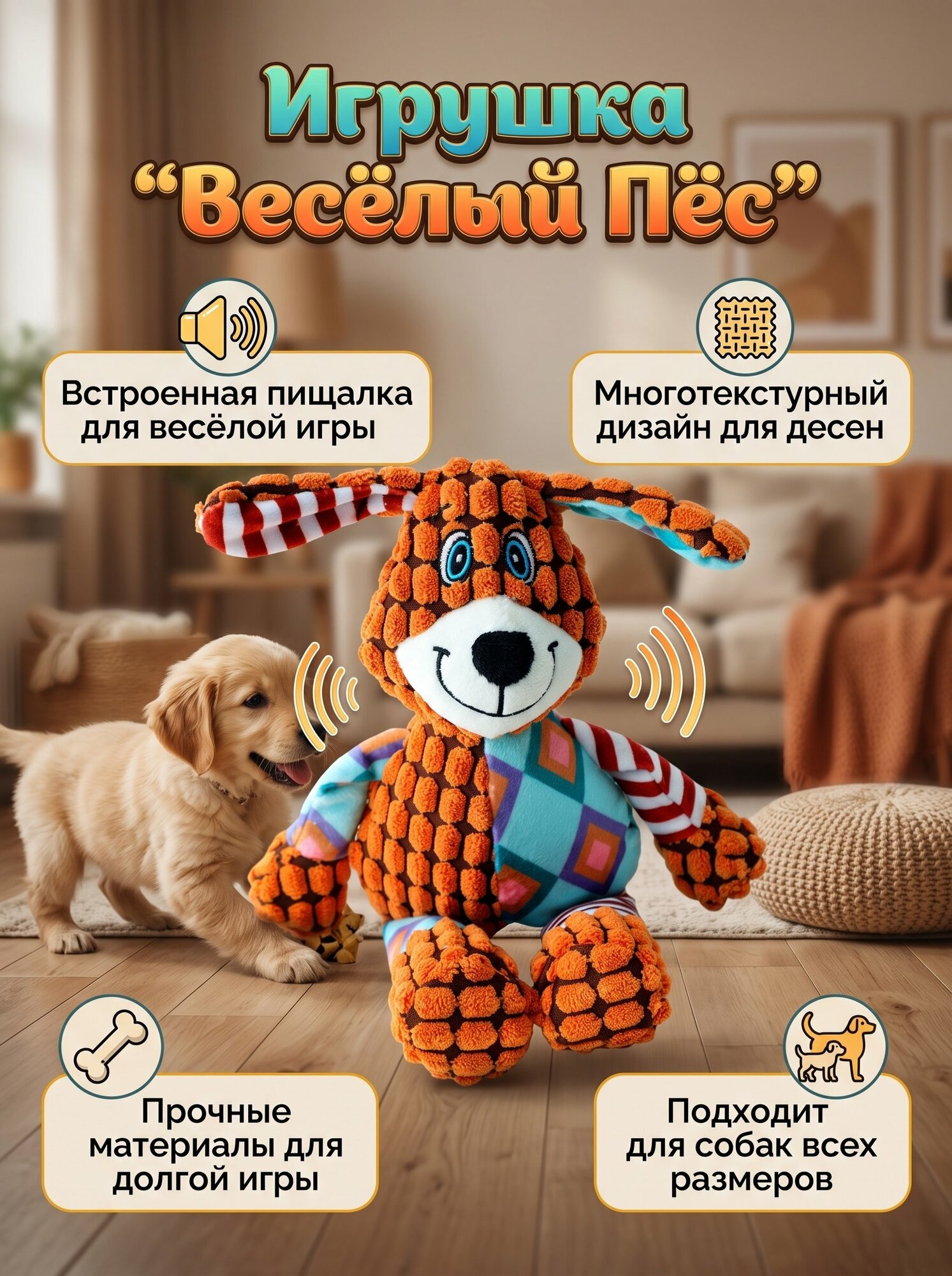 Игрушка для собак с пищалкой Весёлый Пёс, прочная многотекстурная 30 см