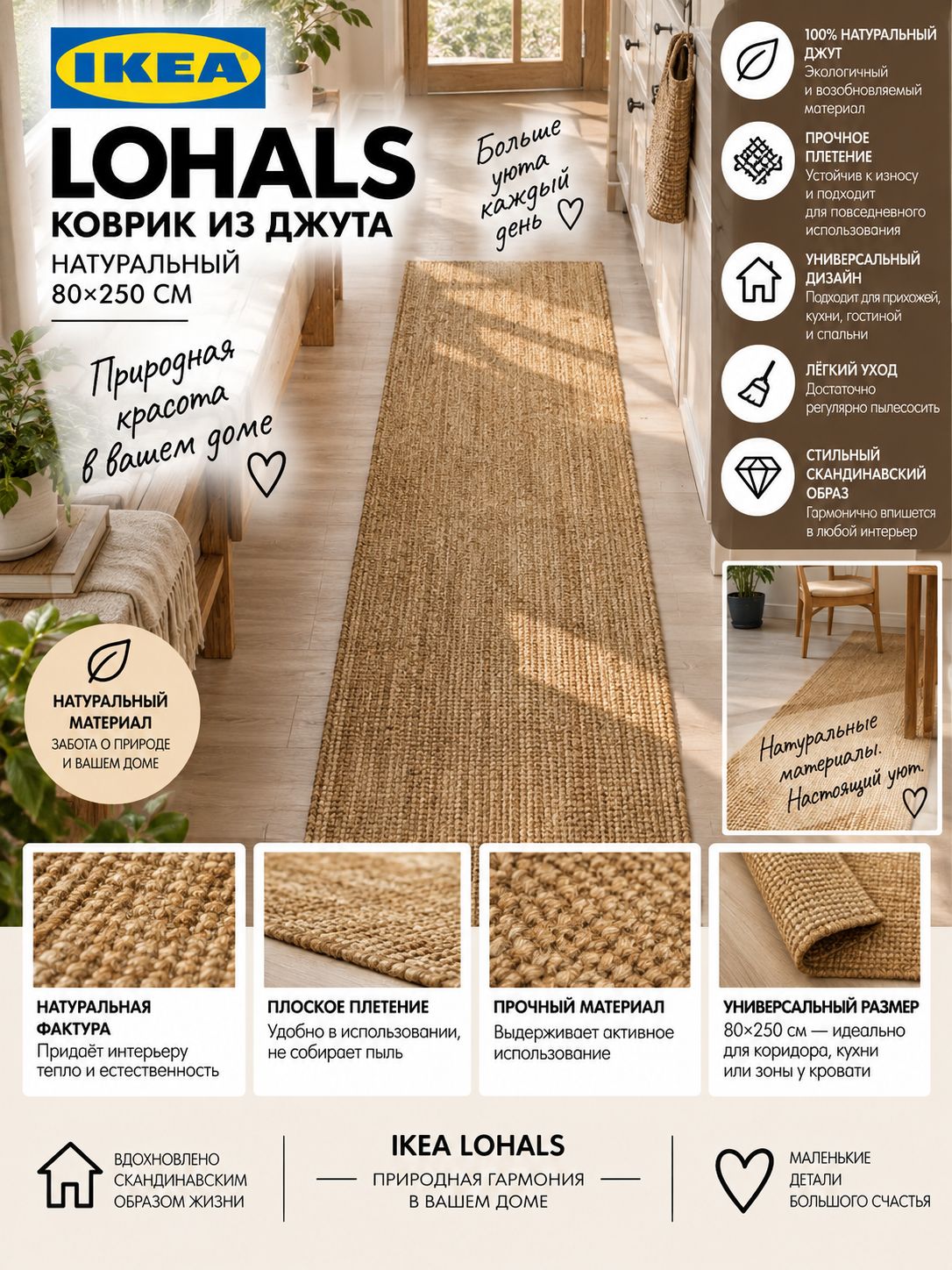 IKEA Ковер безворсовый 80x250 см однотонный коричневый