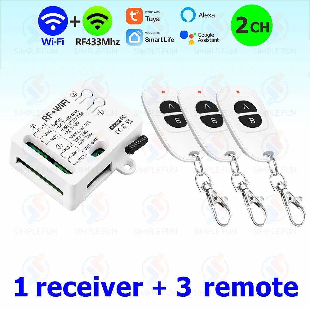 Умный 2-канальный выключатель RF 433MHz WiFi + 3 пульта