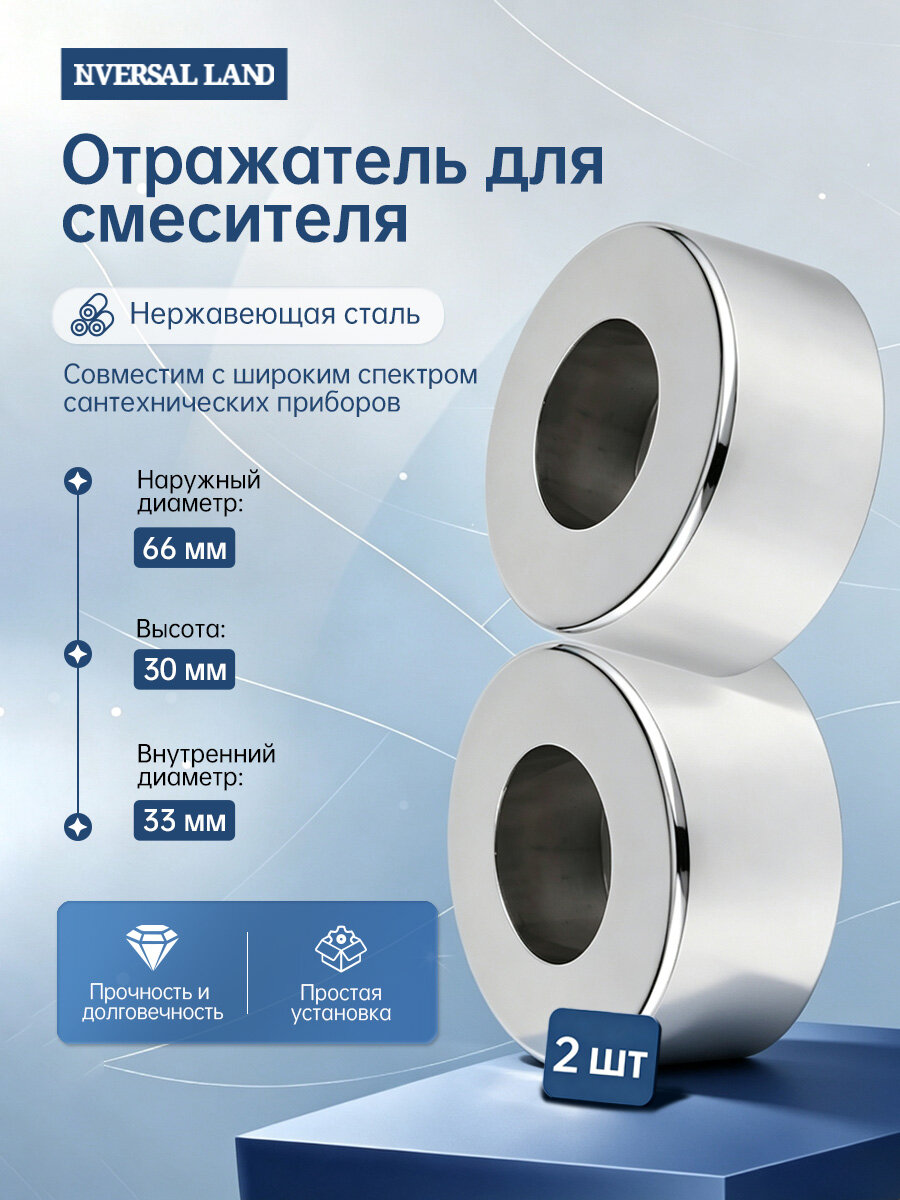 Отражатели сантехнические 2 шт, 33мм, из нержавеющей стали, отражатель для смесителя круглый, зеркальный, Высота, 30мм, UNIVERSALLAND