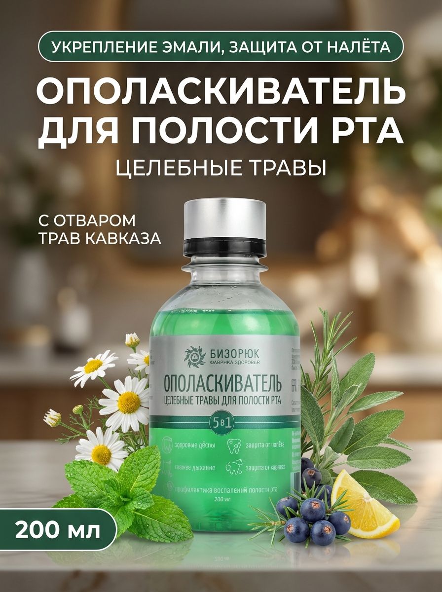 Ополаскиватель для полости рта Целебные травы на отваре кавказских трав с ментолом и можжевельником, 200 мл