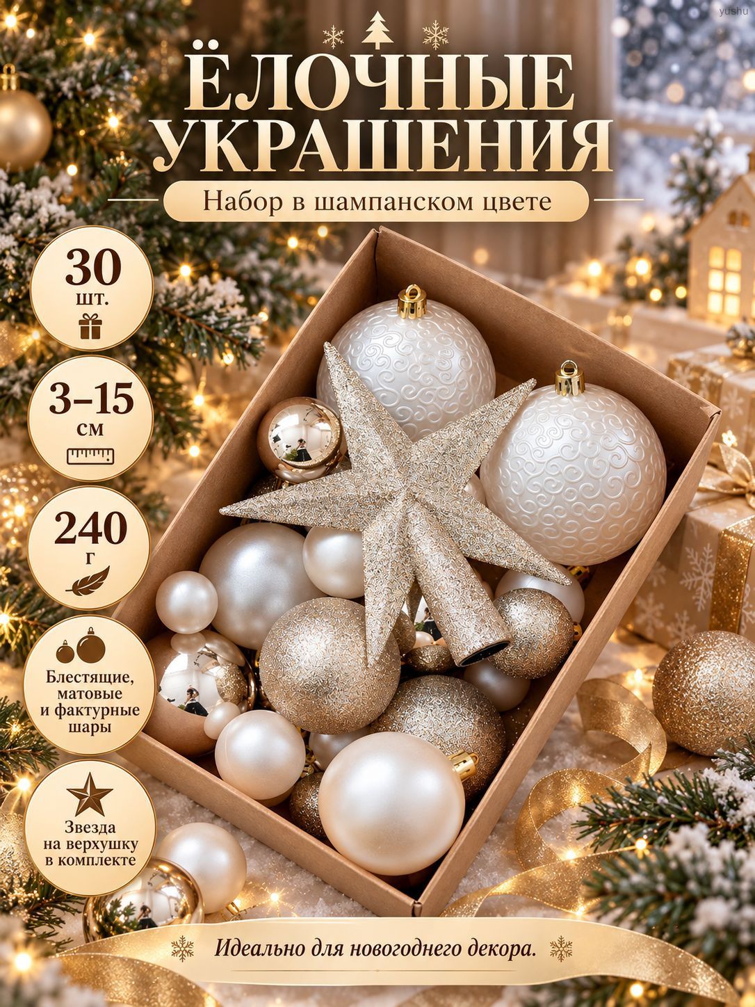 Елочный шар 15 сантиметров слоновая кость, Набор 30 штук, Пластик ABS